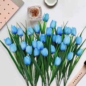 Ruidazon 6 Bundles Tulips Artificial Flowers,30 Heads Outdoor Artificial Tulip Faux Plastic Greenery Shrubs Plants UV Resistant for Easter Home Outside Garden Porch Window Decor (Blue)