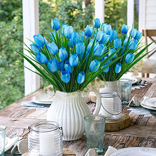 Ruidazon 6 Bundles Tulips Artificial Flowers,30 Heads Outdoor Artificial Tulip Faux Plastic Greenery Shrubs Plants UV Resistant for Easter Home Outside Garden Porch Window Decor (Blue)