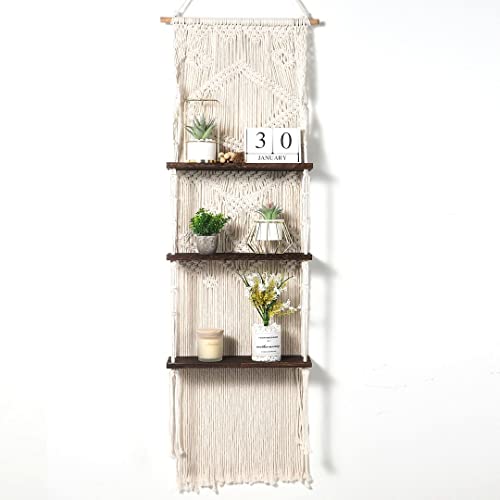 XBELMBER Macrame Wall Hanging Shelf for Decor | Boho Bathroom Shelf - Bohemian Decor for Bedroom, Living Room - 3 Tier Wall Hanging Shelf for Small Plants, Handmade Large Eclectic Boho Home Decor