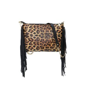 Leopard Print Purse Fringe Clutch Tassel Cheetah Women Wristlet Crossbody Envelope Evening Chain Bag