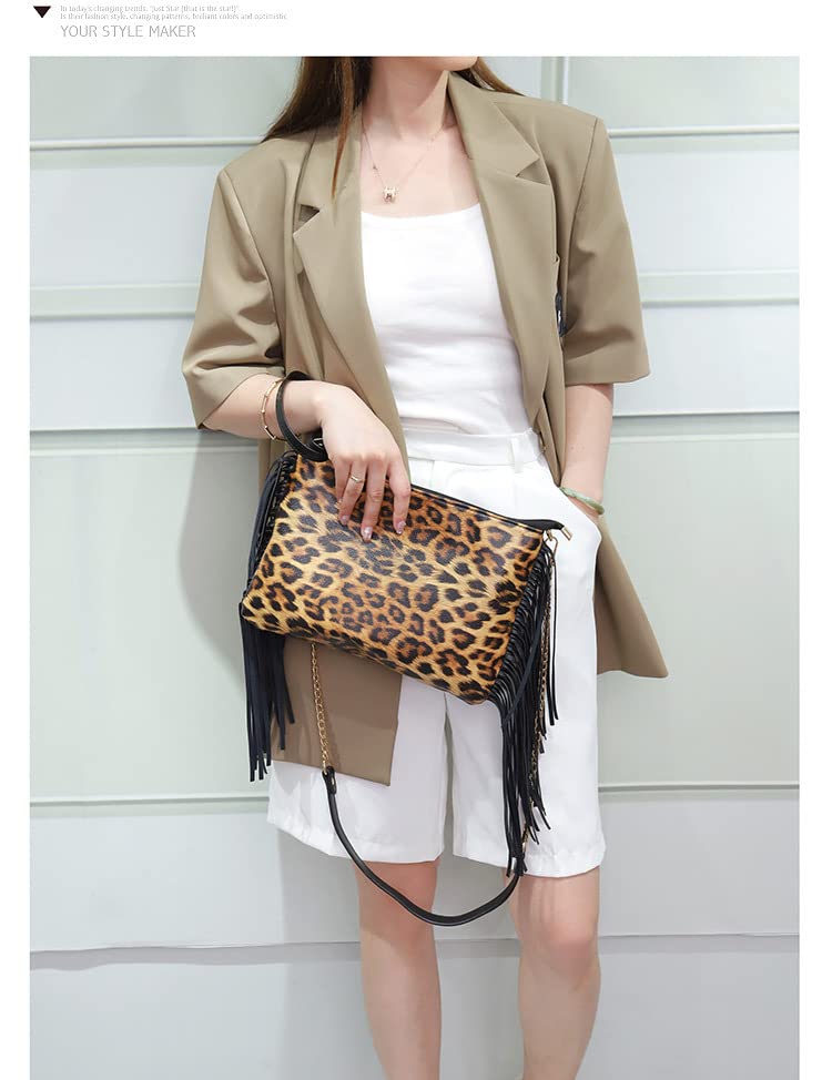 Leopard Print Purse Fringe Clutch Tassel Cheetah Women Wristlet Crossbody Envelope Evening Chain Bag