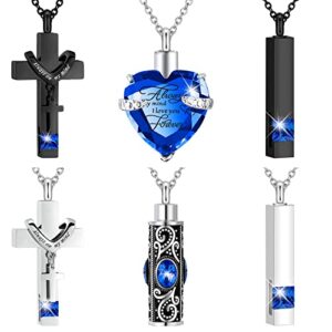 fumete 6 pcs urn necklace for ashes cremation heart cross cubic urn stainless steel keepsake locket ashes keepsake memorial ashes necklace for men women pendant (dark blue)