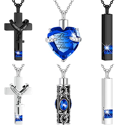 Fumete 6 Pcs Urn Necklace for Ashes Cremation Heart Cross Cubic Urn Stainless Steel Keepsake Locket Ashes Keepsake Memorial Ashes Necklace for Men Women Pendant (Dark Blue)