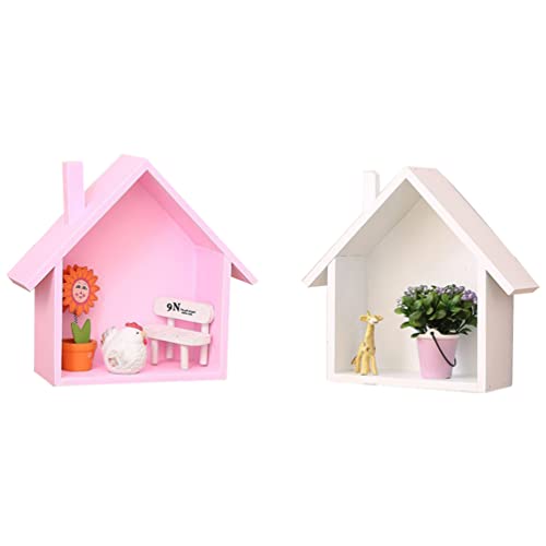 BESPORTBLE 2Pcs House Shaped Wall Storage Shelf Rustic Display Rack Kid Room Decoration for for Nursery Bedrooms Living Room (White Pink)