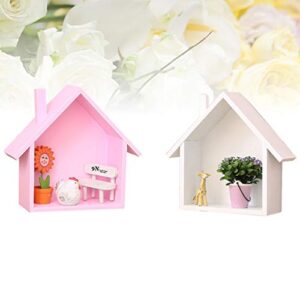 BESPORTBLE 2Pcs House Shaped Wall Storage Shelf Rustic Display Rack Kid Room Decoration for for Nursery Bedrooms Living Room (White Pink)