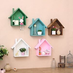 BESPORTBLE 2Pcs House Shaped Wall Storage Shelf Rustic Display Rack Kid Room Decoration for for Nursery Bedrooms Living Room (White Pink)