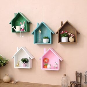 BESPORTBLE 2Pcs House Shaped Wall Storage Shelf Rustic Display Rack Kid Room Decoration for for Nursery Bedrooms Living Room (White Pink)