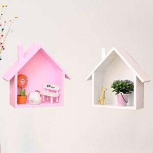 BESPORTBLE 2Pcs House Shaped Wall Storage Shelf Rustic Display Rack Kid Room Decoration for for Nursery Bedrooms Living Room (White Pink)