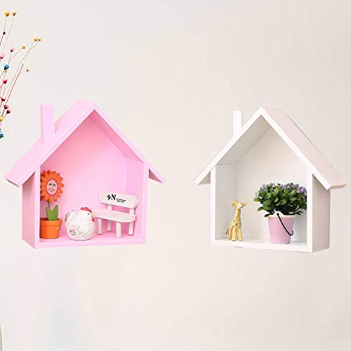 BESPORTBLE 2Pcs House Shaped Wall Storage Shelf Rustic Display Rack Kid Room Decoration for for Nursery Bedrooms Living Room (White Pink)