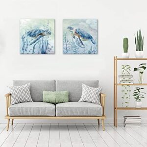 Zessonic Sea Turtle Wall-Art for Bathroom Decor - 2 Panel Set of 12 x 12 Inch Teal Sea Turtle with Seagrass Prints