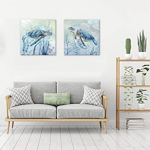 Zessonic Sea Turtle Wall-Art for Bathroom Decor - 2 Panel Set of 12 x 12 Inch Teal Sea Turtle with Seagrass Prints