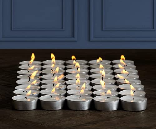 Pomp Glow Tealights (100 Pack) | White Unscented Decorative Tea Light Candles That Will Light Up Your Home, Wedding, Dinner & Any Special Occasion | Long Lasting, Smokeless , Mess Free Candles