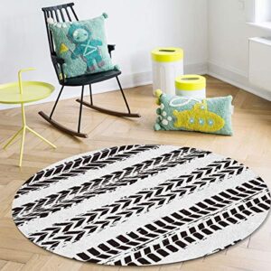 large round area rug for bedroom, tire car belt truck print indoor non-slip runner rug 4ft, simple white black washable floor mat carpet for living room kids room