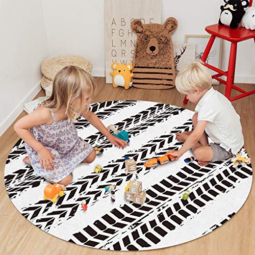 Large Round Area Rug for Bedroom, Tire Car Belt Truck Print Indoor Non-Slip Runner Rug 4ft, Simple White Black Washable Floor Mat Carpet for Living Room Kids Room