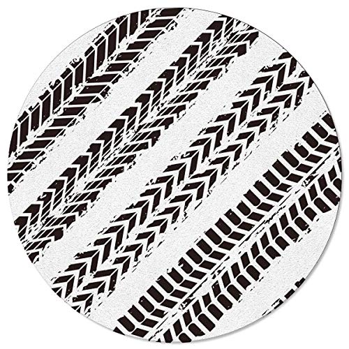 Large Round Area Rug for Bedroom, Tire Car Belt Truck Print Indoor Non-Slip Runner Rug 4ft, Simple White Black Washable Floor Mat Carpet for Living Room Kids Room