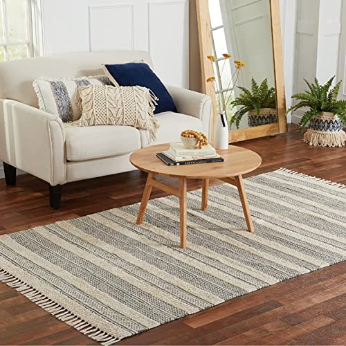 Pebble & Crane - Sheffield Rug - Woven Throw Rug - 100% Cotton - Area Rug for Kitchen, Living Room, Bedroom, and More - Tassel Trim - 3’ x 5’ - Natural and Grey