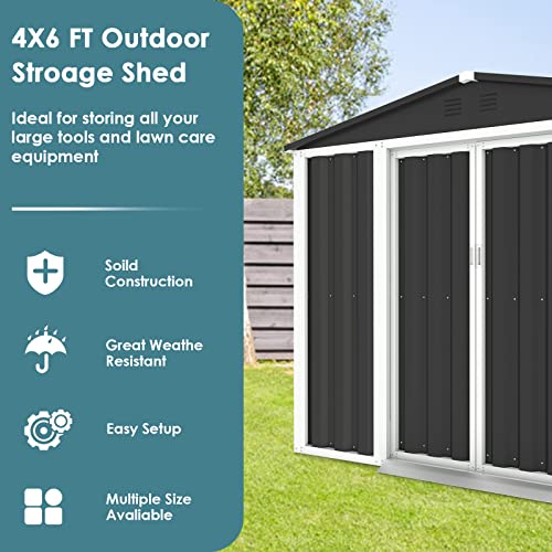 Betterland 4X6 FT Outdoor Storage Shed, Steel Garden Shed with Sliding Door, Metal Tool Storage Shed for Backyard, Lawn, Grey