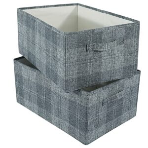 anminy 2pcs storage bins set foldable cotton linen open storage baskets box with handles washable pp plastic board plaid pattern decorative nursery baby kid clothes laundry organizer – gray, medium