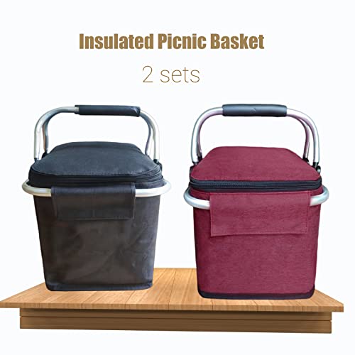 2 Pack Collapsible Insulated Picnic Basket Cooler with Handle & Zipper, H.lanlx Reusable Large Cooler Bag for Travel Shopping Camping. Black & Red 20L