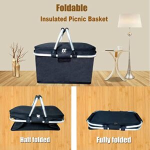 2 Pack Collapsible Insulated Picnic Basket Cooler with Handle & Zipper, H.lanlx Reusable Large Cooler Bag for Travel Shopping Camping. Black & Red 20L