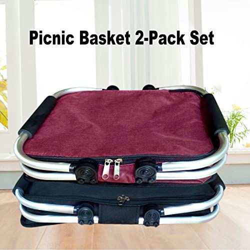 2 Pack Collapsible Insulated Picnic Basket Cooler with Handle & Zipper, H.lanlx Reusable Large Cooler Bag for Travel Shopping Camping. Black & Red 20L