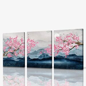 cherry blossom decor – japanese wall art cherry blossom tree pictures for wall decorations pink wall decor floral wall pictures for bathroom canvas art wall decor for bedroom framed 12x16inchx3pcs