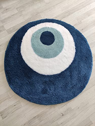 Evil Eye Fluffy Rug,Circle Area Rug, Aesthetic Rug for Bedroom,Handmade Tufted Rug, Nursery Room, Living Room, Bathroom Rug, Non Slip Washable Blue Rug (35" x 35", Blue)