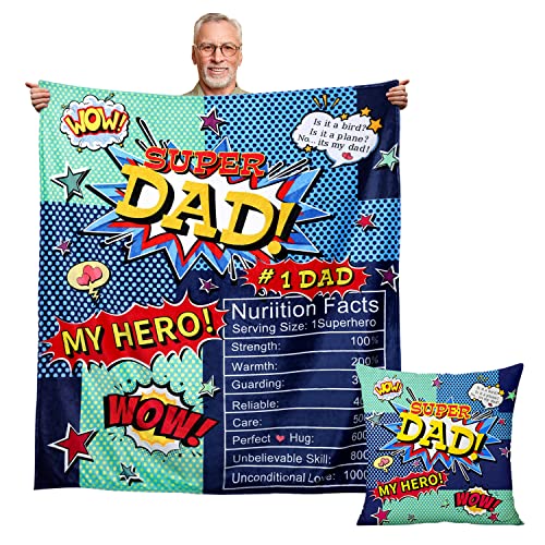 Nosovlra My Hero Super Dad Blanket - Thanksgiving/Christmas/Birthday for Dad from Daughter or Son, Soft Flannel Hug Throw Blanket with Pillow Covers 50x60 Inches