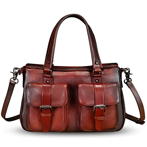 Genuine Leather Satchel Purse for Women Retro Cowhide Handmade Top Handle Shoulder Handbag Designer Crossbody Bag Purse (Red)