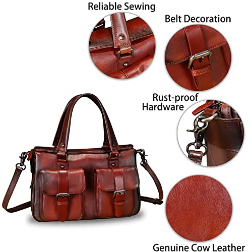 Genuine Leather Satchel Purse for Women Retro Cowhide Handmade Top Handle Shoulder Handbag Designer Crossbody Bag Purse (Red)