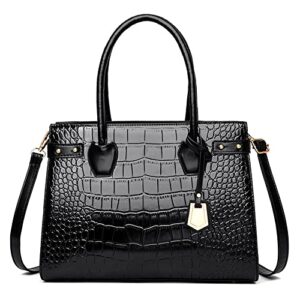 PU Leather Purses and Handbags Crossbody for Women Fashion Crocodile Pattern Top Handle Satchel Purse Set 3pcs (Black)