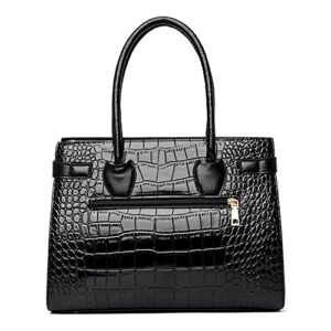 PU Leather Purses and Handbags Crossbody for Women Fashion Crocodile Pattern Top Handle Satchel Purse Set 3pcs (Black)