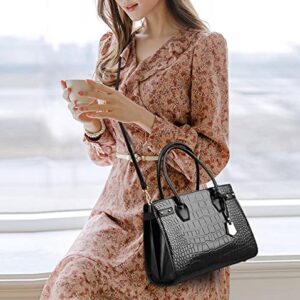 PU Leather Purses and Handbags Crossbody for Women Fashion Crocodile Pattern Top Handle Satchel Purse Set 3pcs (Black)