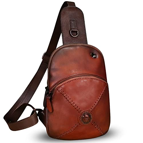 LRTO Genuine Leather Small Sling Bag for Women Crossbody Purse Handmade Hiking Daypack Retro Shoulder Backpack Vintage Chest Bags (Red)