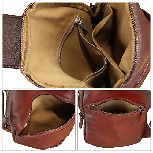 LRTO Genuine Leather Small Sling Bag for Women Crossbody Purse Handmade Hiking Daypack Retro Shoulder Backpack Vintage Chest Bags (Red)