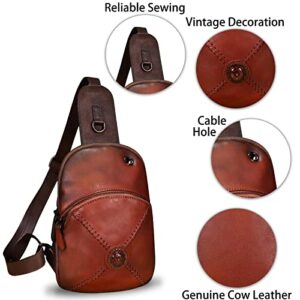 LRTO Genuine Leather Small Sling Bag for Women Crossbody Purse Handmade Hiking Daypack Retro Shoulder Backpack Vintage Chest Bags (Red)