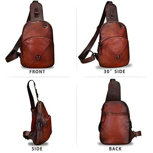 LRTO Genuine Leather Small Sling Bag for Women Crossbody Purse Handmade Hiking Daypack Retro Shoulder Backpack Vintage Chest Bags (Red)