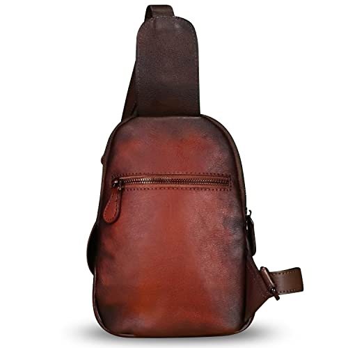 LRTO Genuine Leather Small Sling Bag for Women Crossbody Purse Handmade Hiking Daypack Retro Shoulder Backpack Vintage Chest Bags (Red)