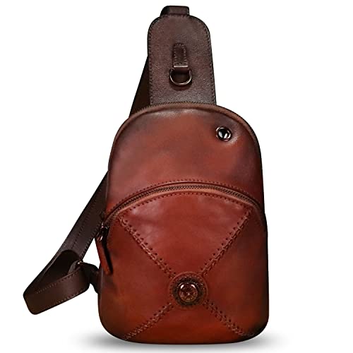 LRTO Genuine Leather Small Sling Bag for Women Crossbody Purse Handmade Hiking Daypack Retro Shoulder Backpack Vintage Chest Bags (Red)