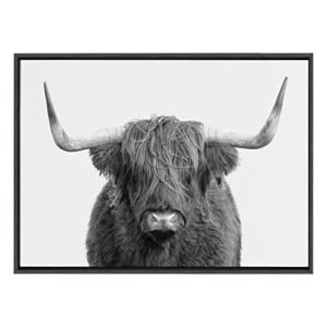 kate and laurel sylvie b&w highland cow no. 1 portrait framed canvas wall art by amy peterson art studio, 28×38 gray, rustic farm animal art for wall