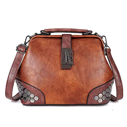 Aryeleay Gothic Satchel Purses Vintage Doctor Shoulder Bag for Women Rivet Studded Crossbody Bag (Brown)