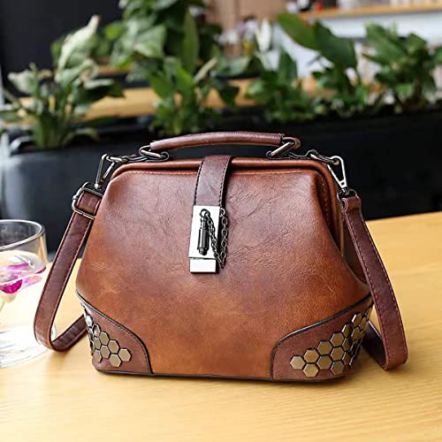 Aryeleay Gothic Satchel Purses Vintage Doctor Shoulder Bag for Women Rivet Studded Crossbody Bag (Brown)