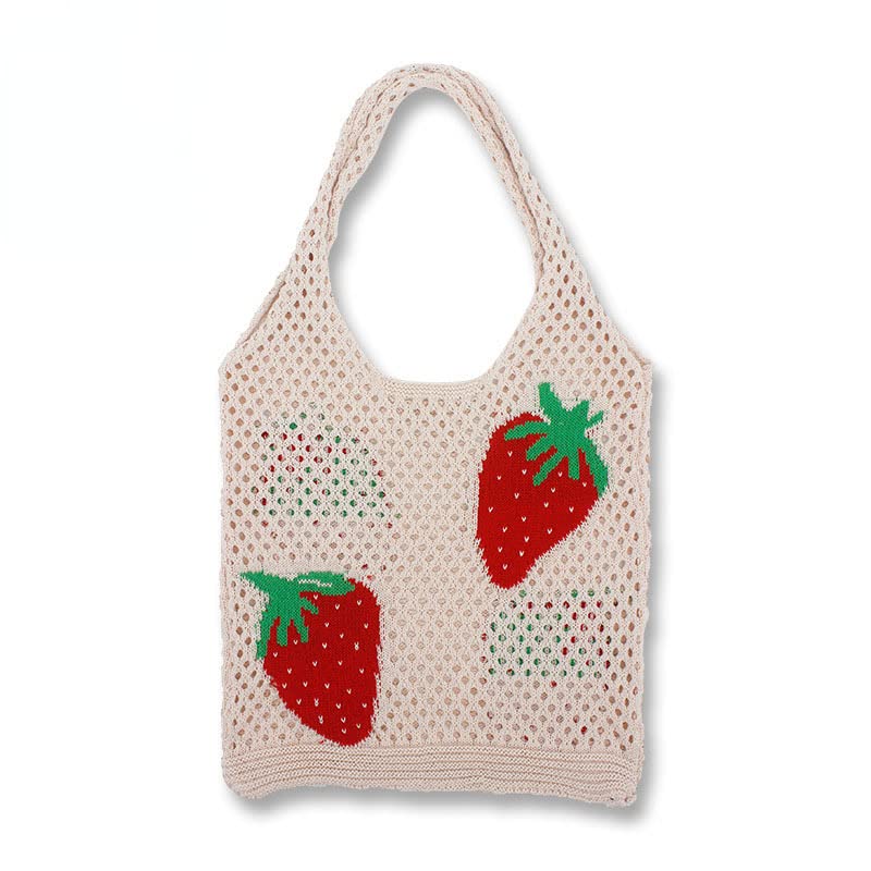 Crochet Tote Bag Aesthetic Y2K Underarm Bag Grunge Fairycore Knit Strawberry Shoulder Handbags Purse Accessories for Women (Beige)