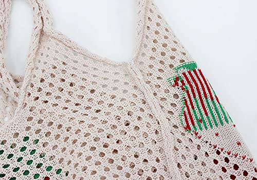 Crochet Tote Bag Aesthetic Y2K Underarm Bag Grunge Fairycore Knit Strawberry Shoulder Handbags Purse Accessories for Women (Beige)