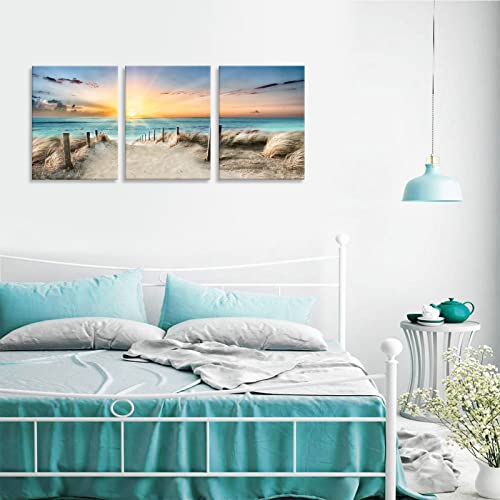 Canvas Wall Art for Living Room 3 Panel Beach Ocean Sunset Print Pictures paintings Artwork Bedroom Bathroom Canvas Framed Wall Decor Modern Gallery Office Decorations Size 12x16x3 Piece Ready to Hang