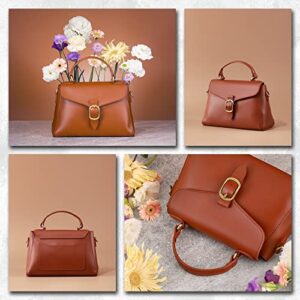 Vintage Vegan Leather Flap Top Handle Bag For Women Light Brown Camel Retro Satchel Casual Purse Simple Shoulder Classic Handbag