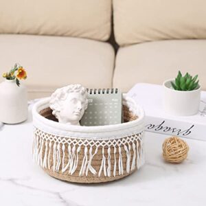 YIZUNNU Round Macrame Organizer Basket Boho Small Storage Baskets with Tassel Woven Rope Baskets Bins for Car keys Wallets Card Holders