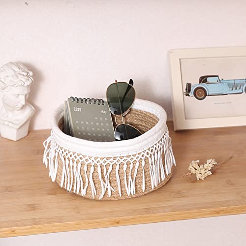 YIZUNNU Round Macrame Organizer Basket Boho Small Storage Baskets with Tassel Woven Rope Baskets Bins for Car keys Wallets Card Holders