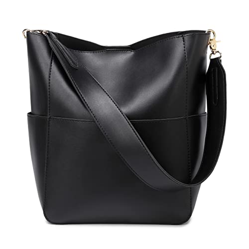 Women Handbag Designer Vegan Leather Hobo Handbags Shoulder Bucket Cross-body Purse (Black)