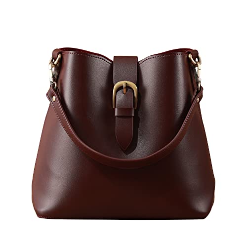 Town Bucket Vegan Leather Bag For Women (Burgundy Red) Hobo Retro Faux Casual Purse Classic Vintage Simple Shoulder Handbag